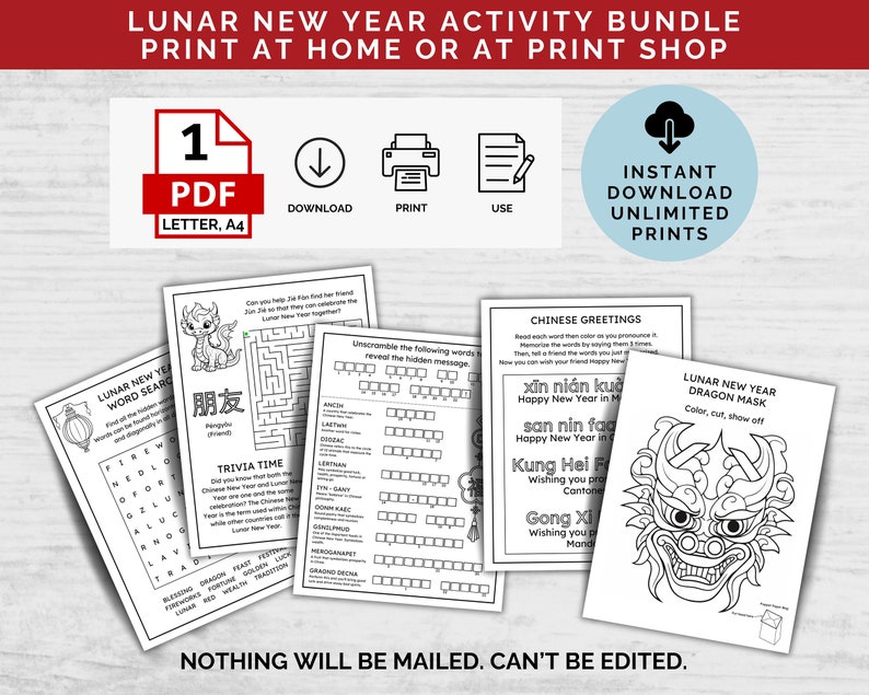 Lunar New Year Printable Activity Bundle, Chinese New Year Coloring ...