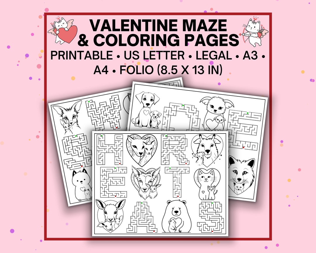 3 Unique Valentine Maze and Coloring Pages, Valentine's Day Placemats ...
