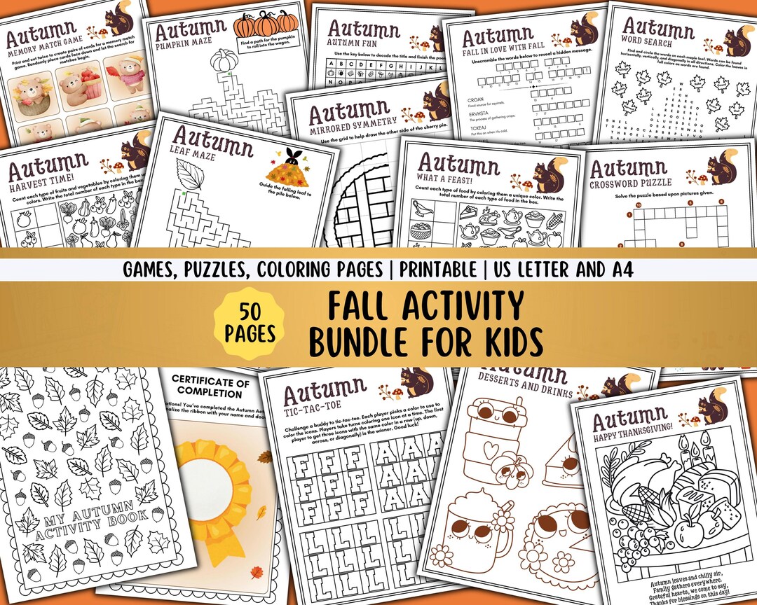 50 Fall Activity Sheets for Kids, Printable Activity Bundle, Fall ...