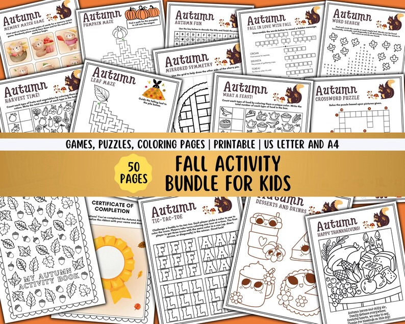 50 Fall Activity Sheets for Kids, Printable Activity Bundle, Fall ...