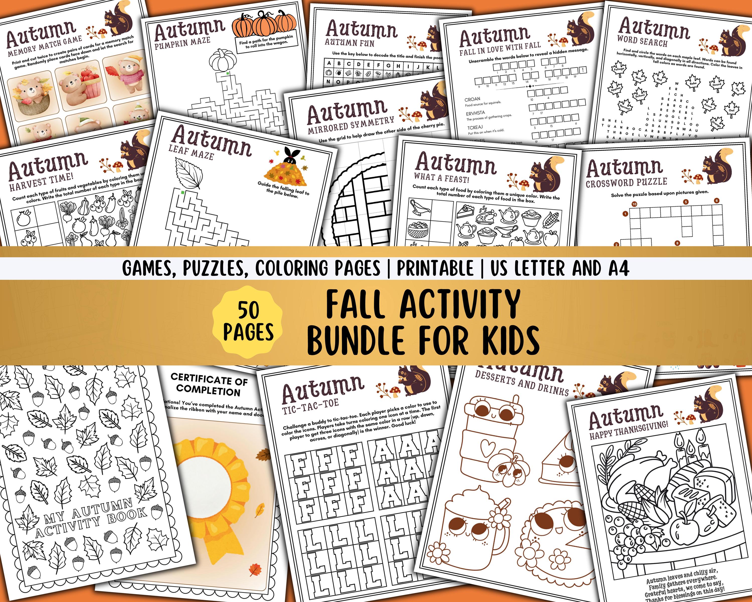 50 Fall Activity Sheets for Kids, Printable Activity Bundle, Fall ...
