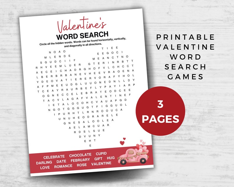 Valentine Word Search Printable Game for Kids and Adults, Valentine's ...