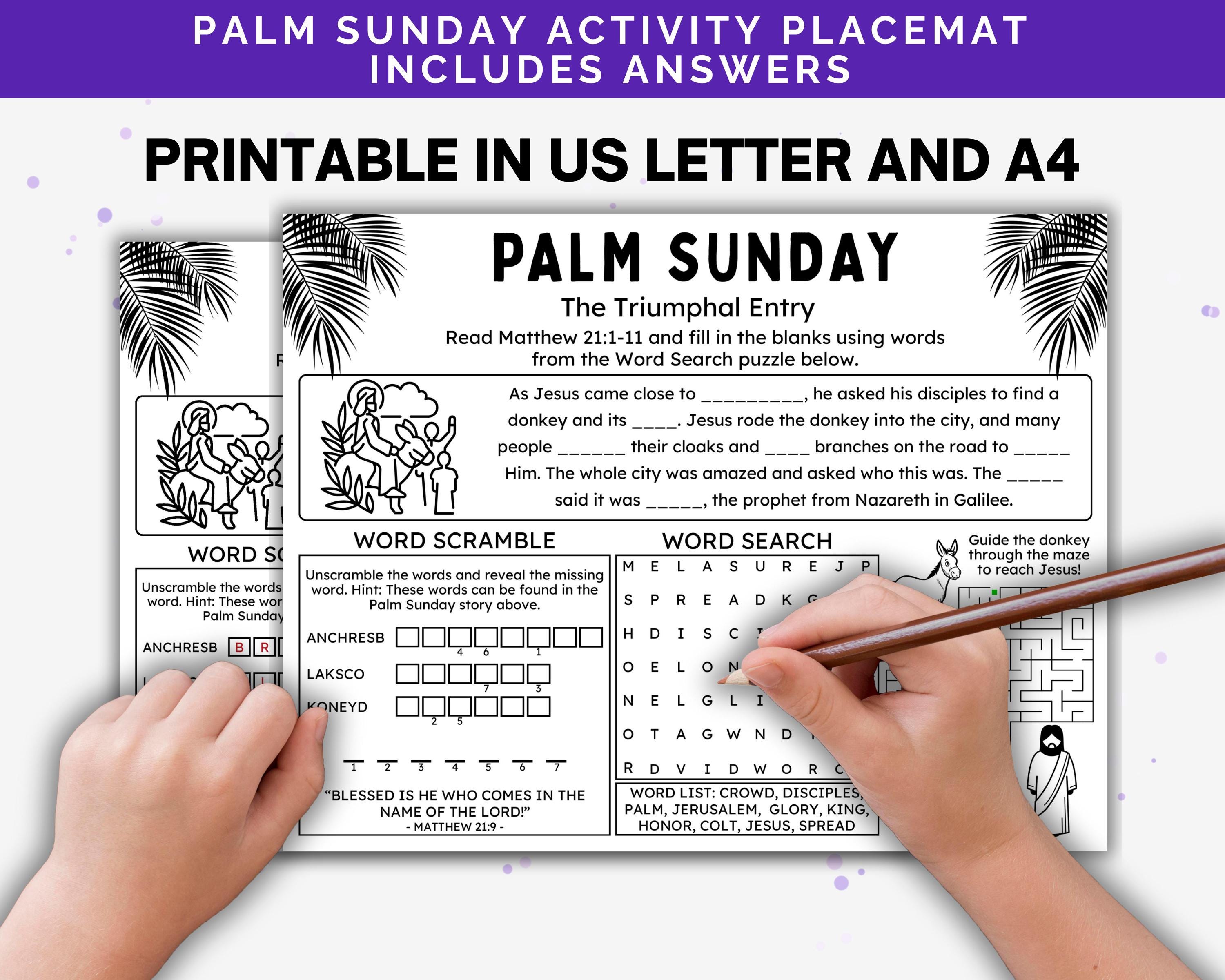 Printable Palm Sunday Activity Placemat for Kids, Triumphal Entry Bible ...