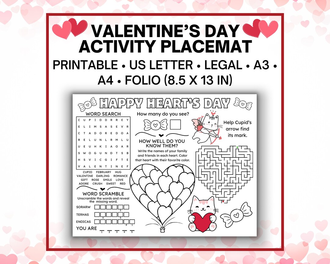 Valentine Activity Placemat, Printable Valentines Day Activity, Kids ...