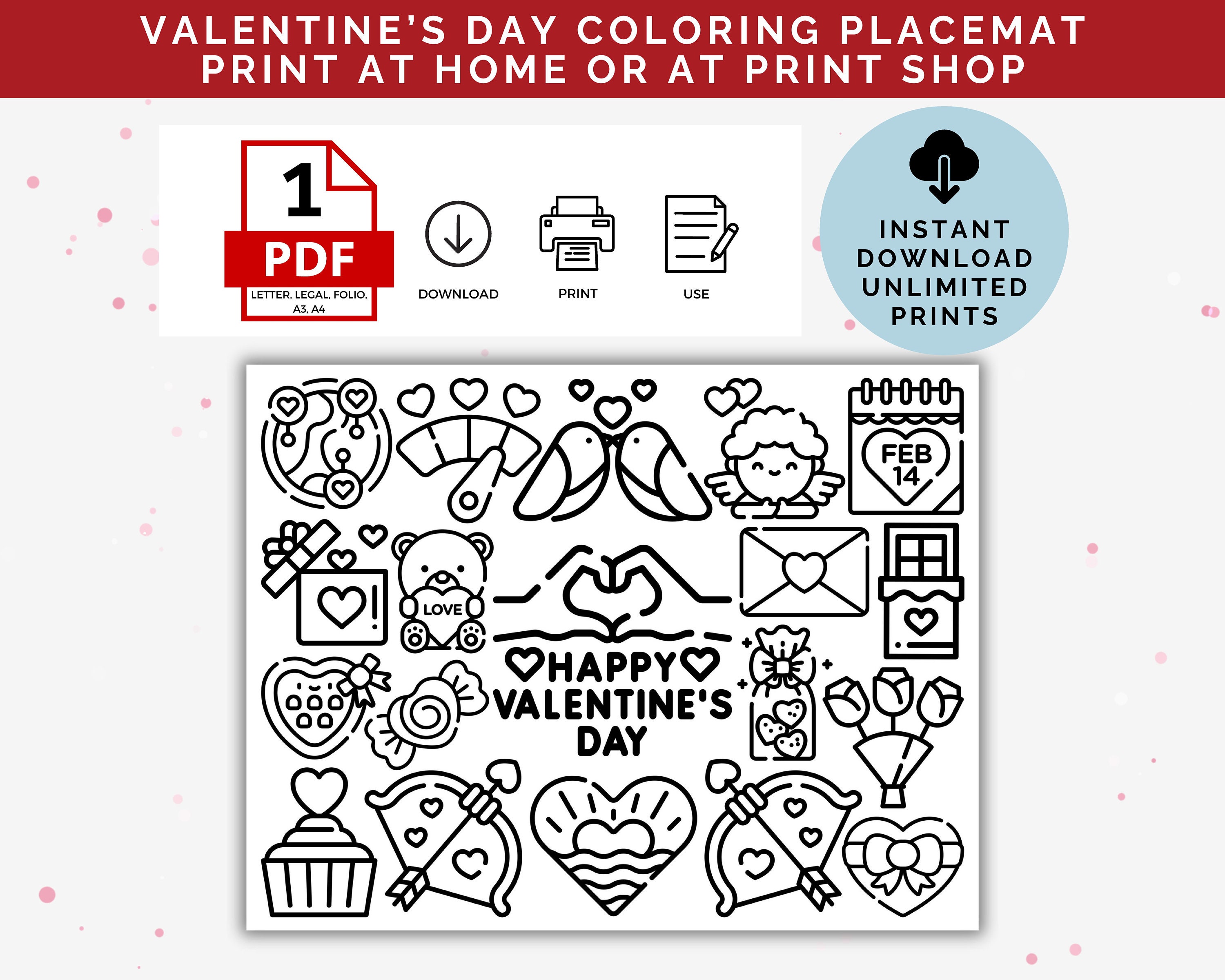 Valentine's Day Coloring Placemat, Printable Coloring Page for ...