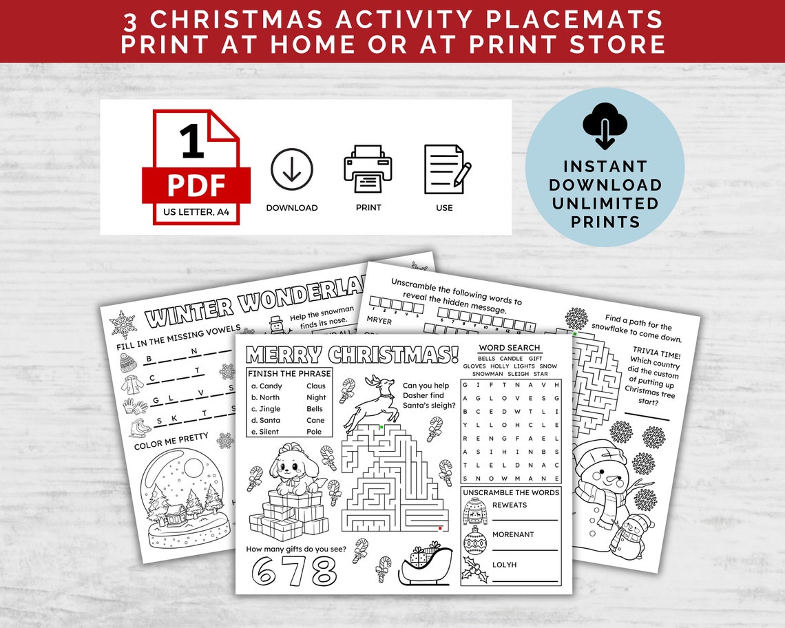 Printable Christmas Placemat for School, Home and Parties, Christmas ...