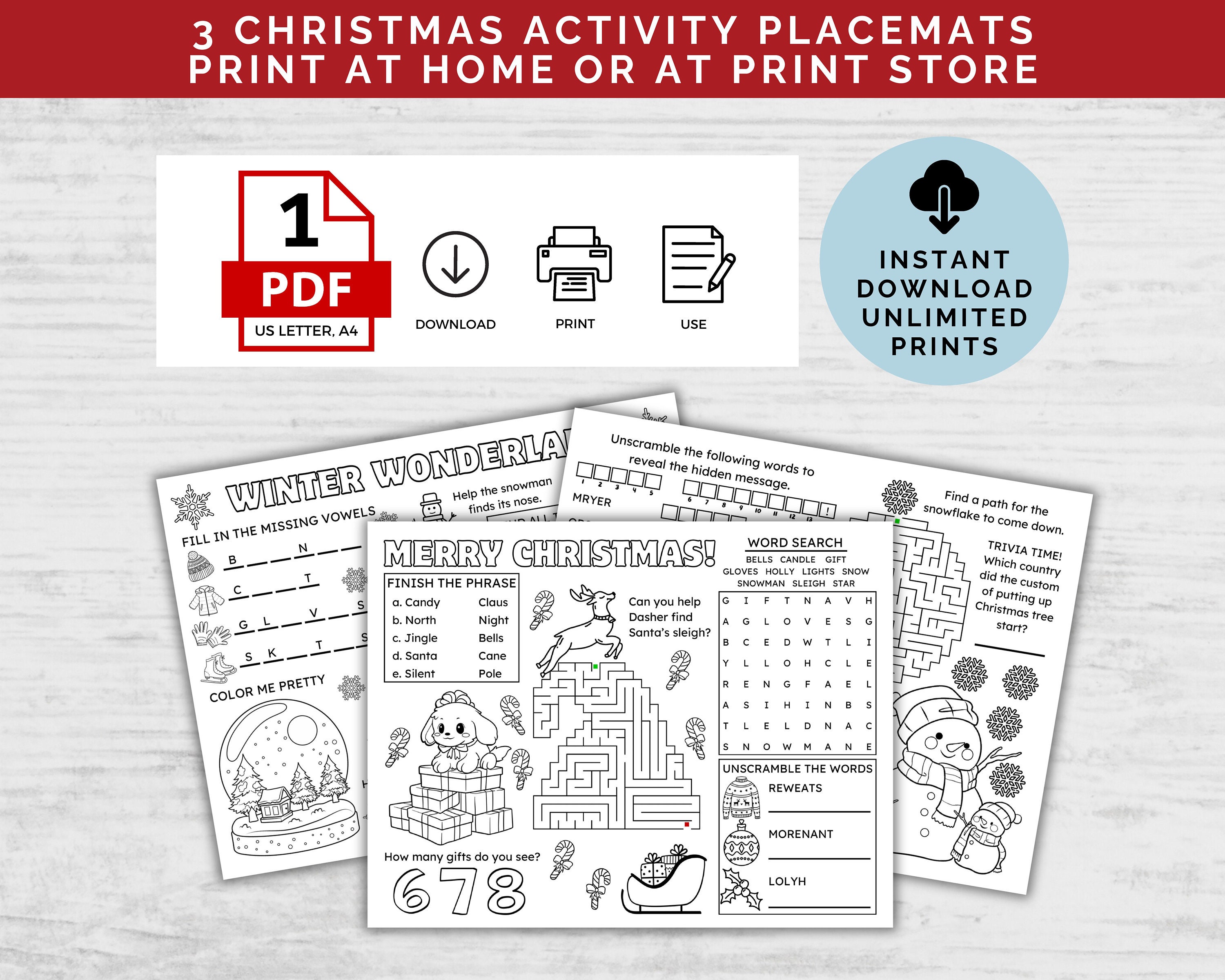 Printable Christmas Placemat for School, Home and Parties, Christmas ...