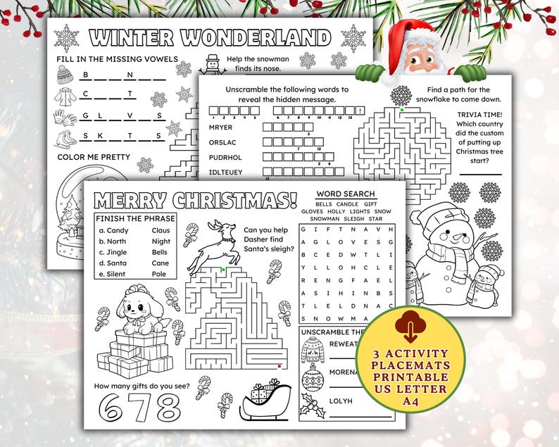 Printable Christmas Activity Placemats: Holiday Games, Puzzles ...