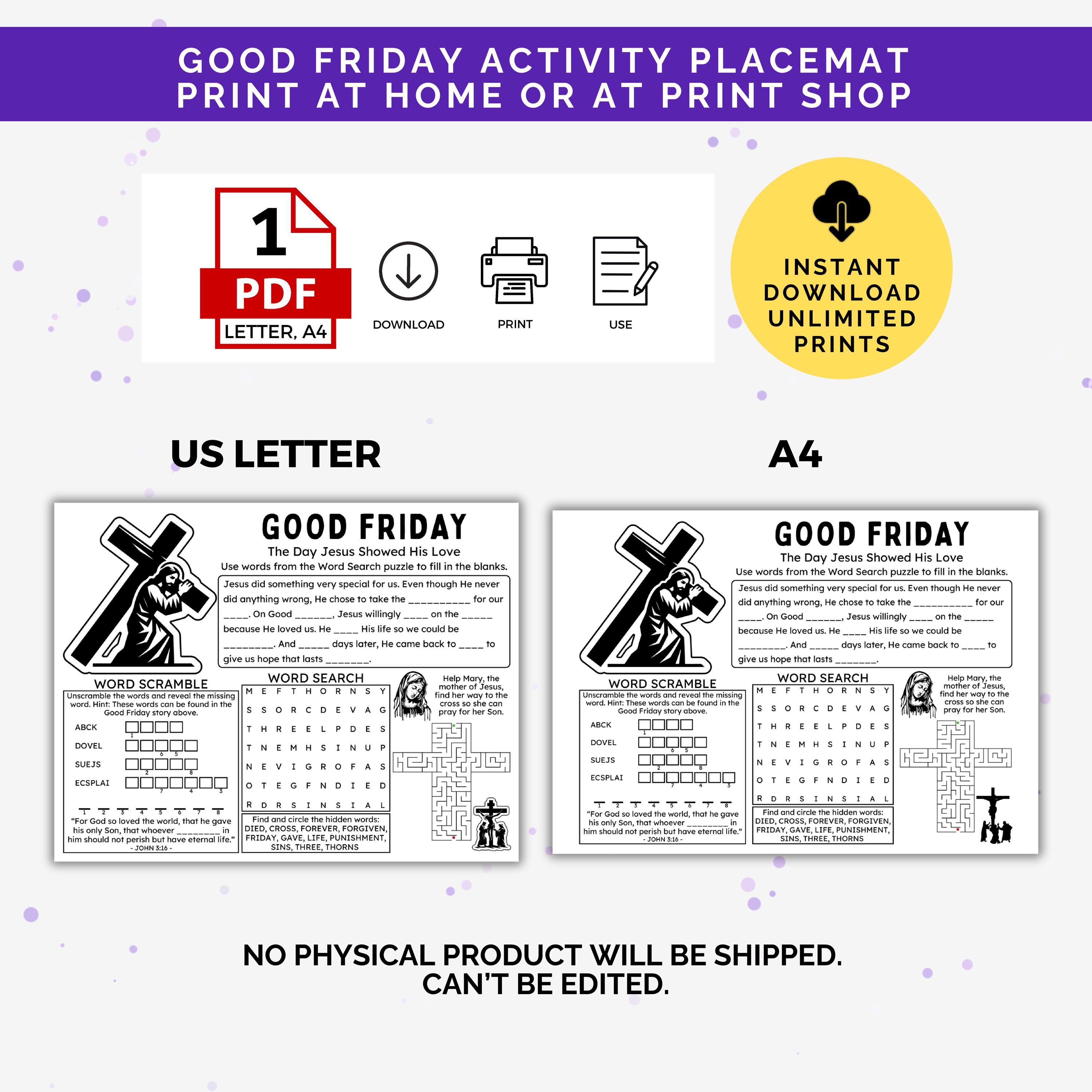 Good Friday Activity Placemat for Kids, Printable Holy Week Lent ...