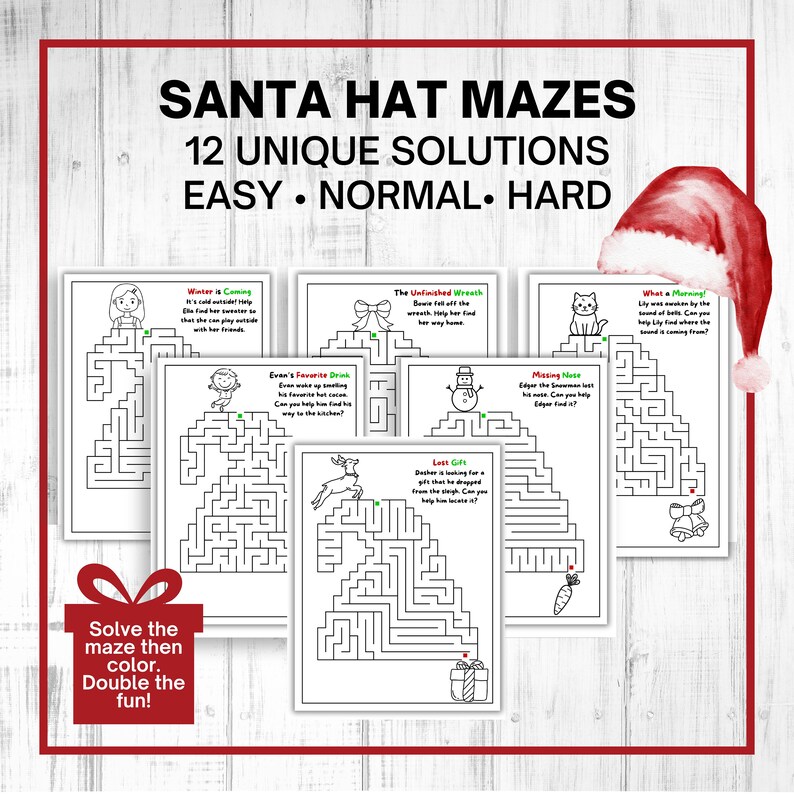 12 Santa Hat Printable Mazes, Printable Christmas Coloring Pages ...