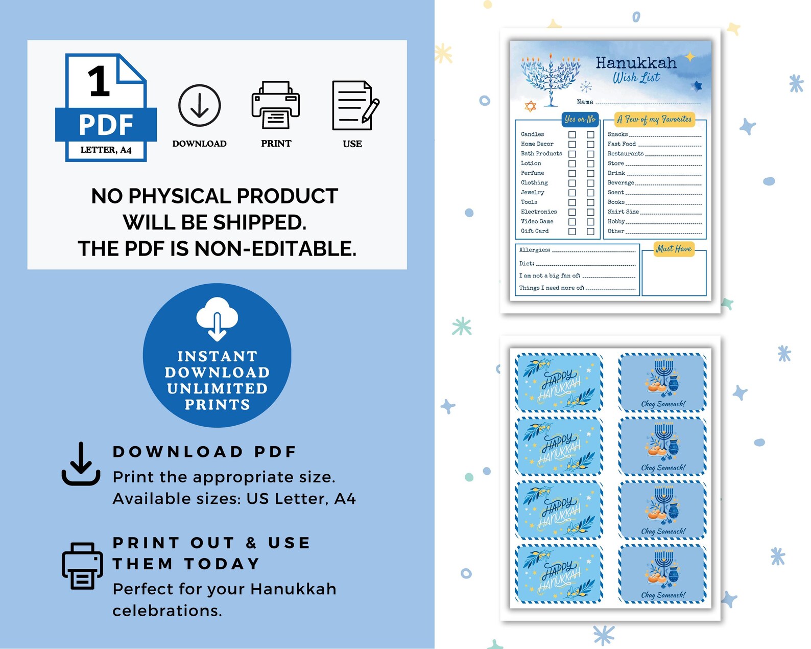 Printable Hanukkah Wish List for Family and Coworkers, Chanukah Gift ...