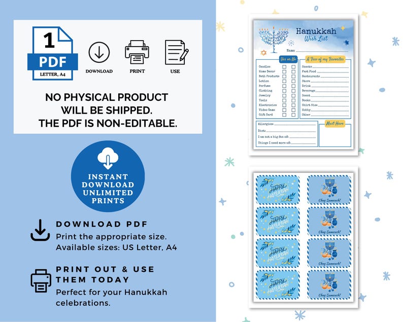 Printable Hanukkah Wish List for Family and Coworkers, Chanukah Gift ...