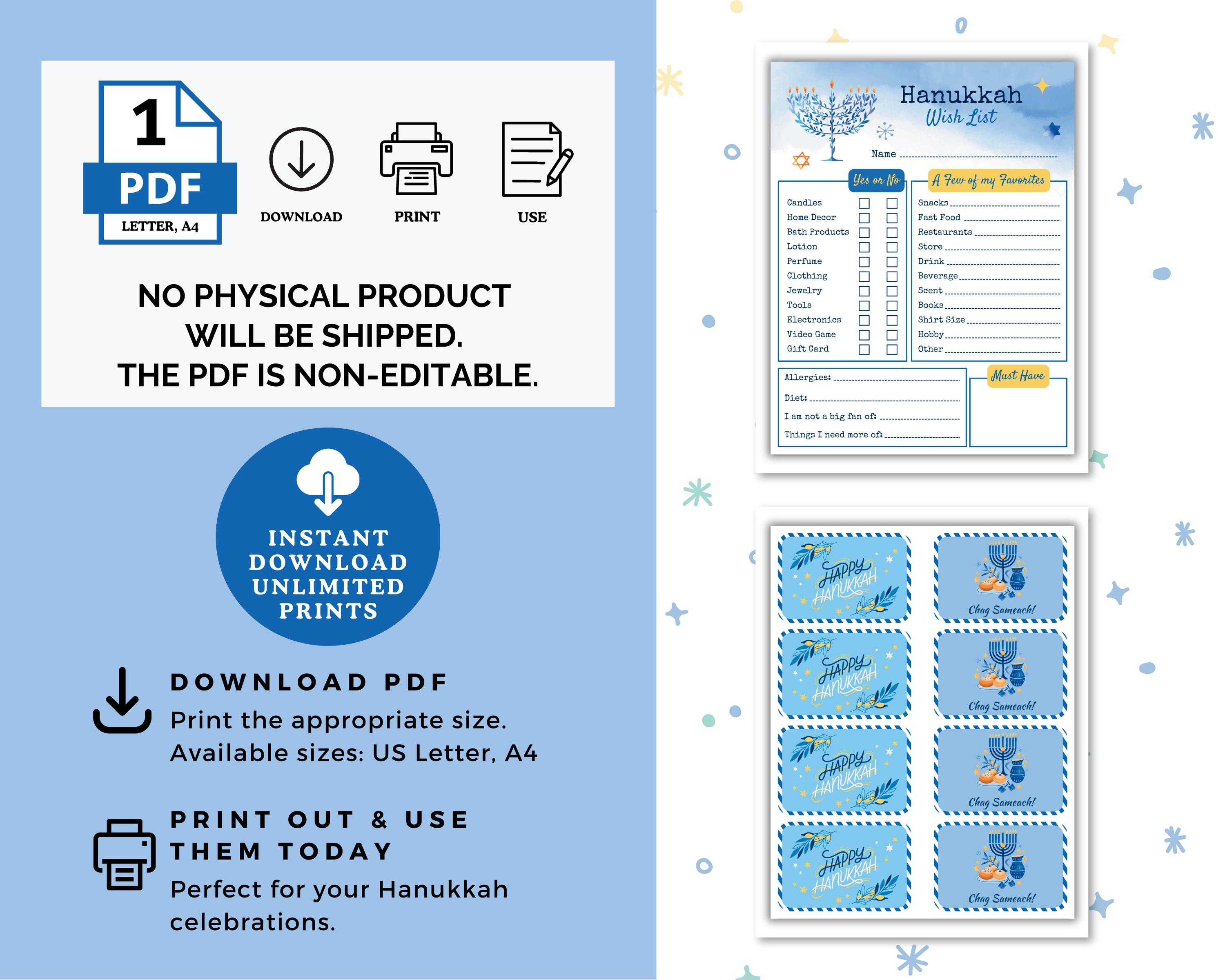Printable Hanukkah Wish List for Family and Coworkers, Chanukah Gift ...