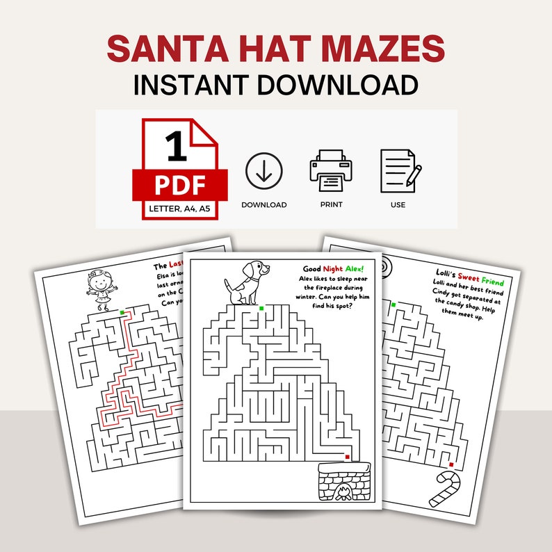 12 Santa Hat Printable Mazes, Printable Christmas Coloring Pages ...