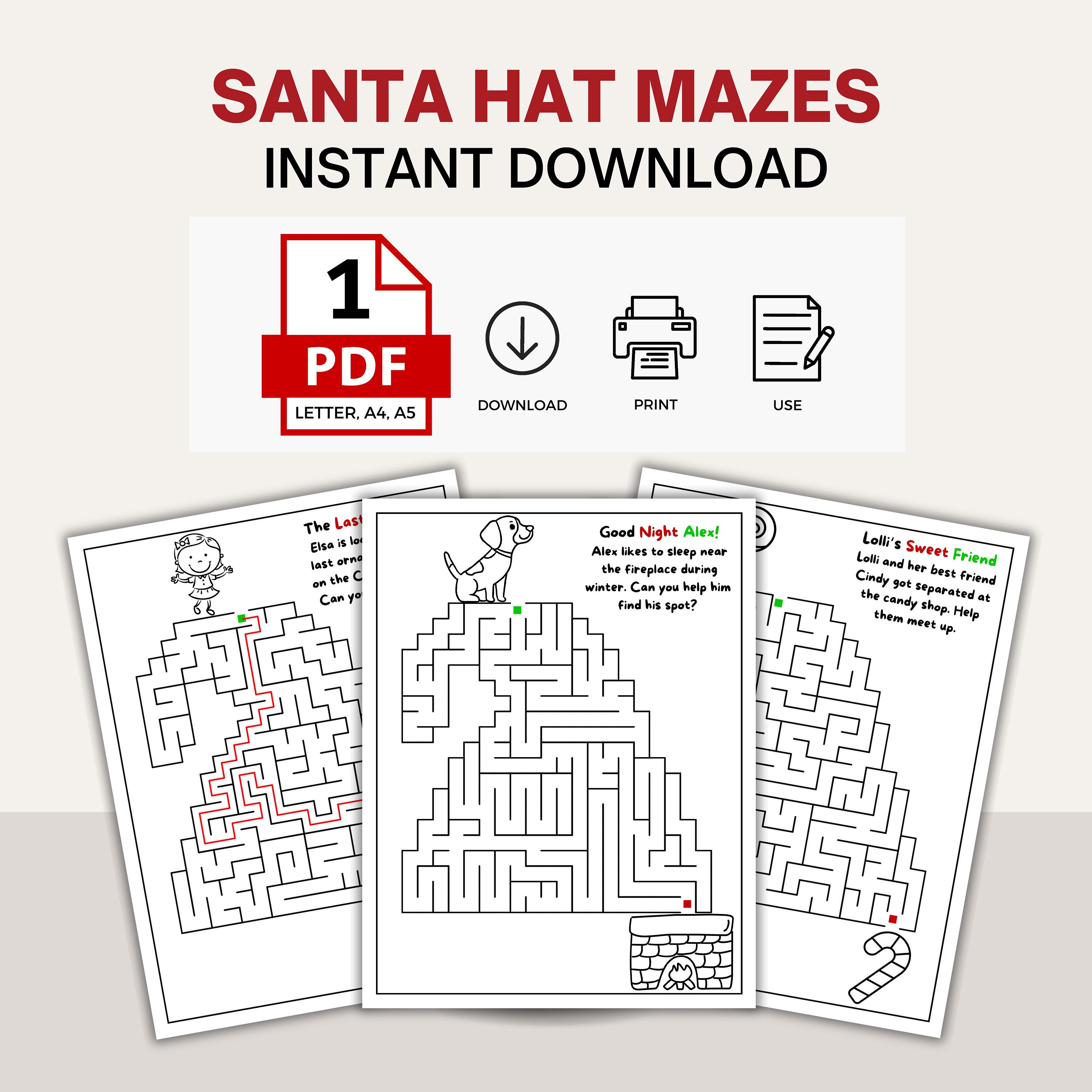 12 Santa Hat Printable Mazes, Printable Christmas Coloring Pages ...