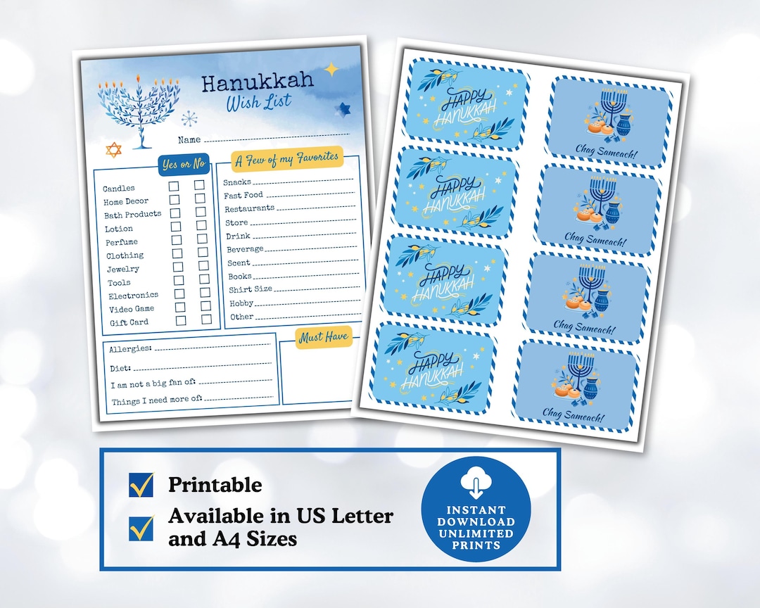 Printable Hanukkah Wish List for Family and Coworkers, Chanukah Gift ...