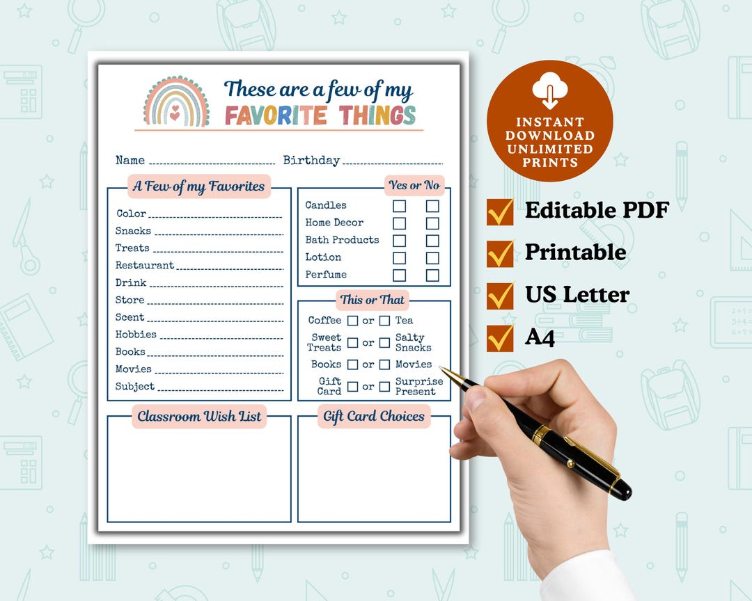 Editable Teacher Favorites List Template: Fillable PDF Survey (digital ...