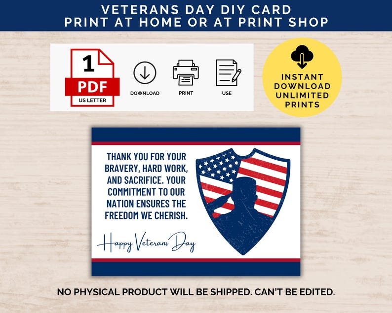 Printable Veterans Day Cards: DIY Thank You Postcard (PDF Download) - Etsy