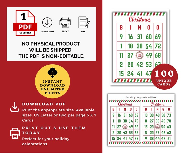 100 Unique Christmas Bingo Cards: Printable Party Game (PDF Download ...