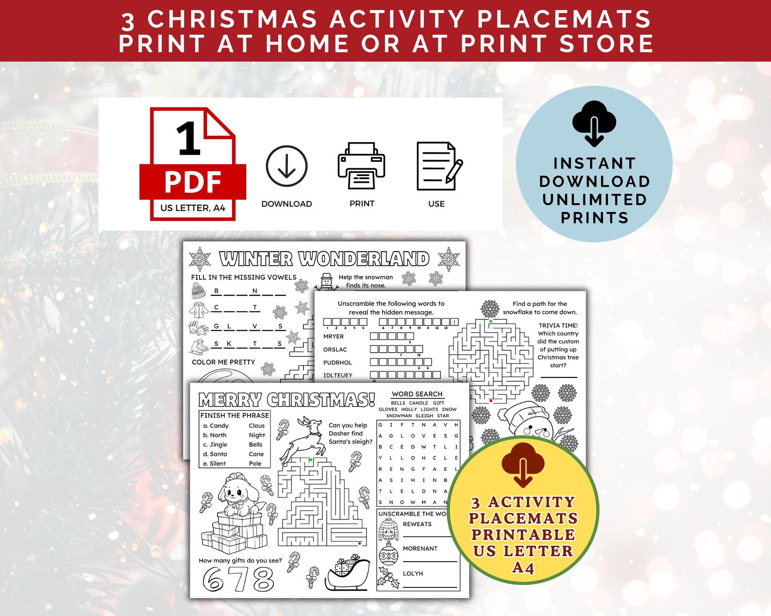Printable Christmas Activity Placemats: Holiday Games, Puzzles ...