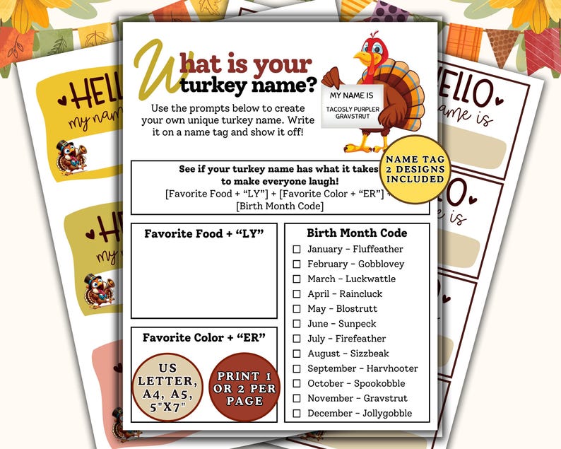 Funny Turkey Name Game, Printable What's Your Turkey Name With Name ...
