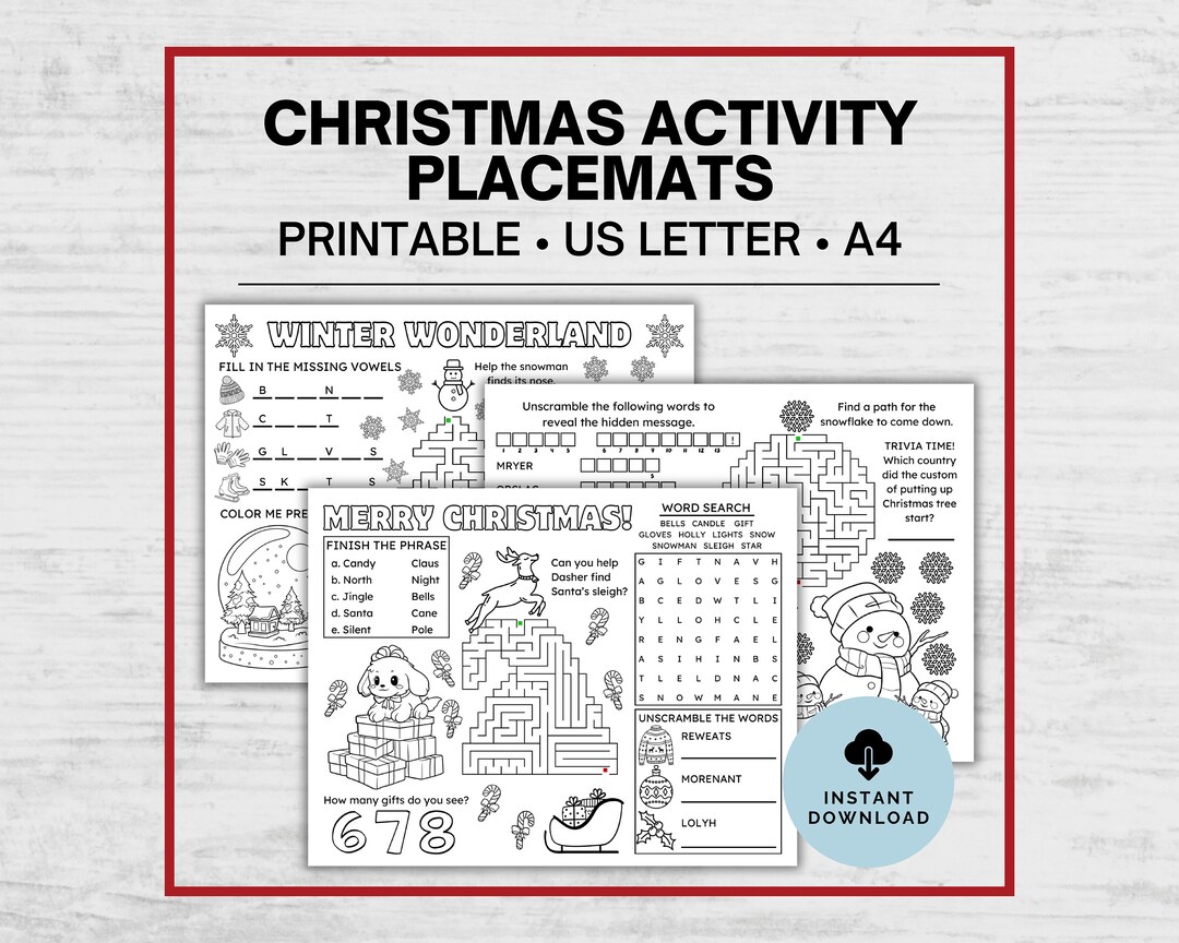 Printable Christmas Placemat for School, Home and Parties, Christmas ...