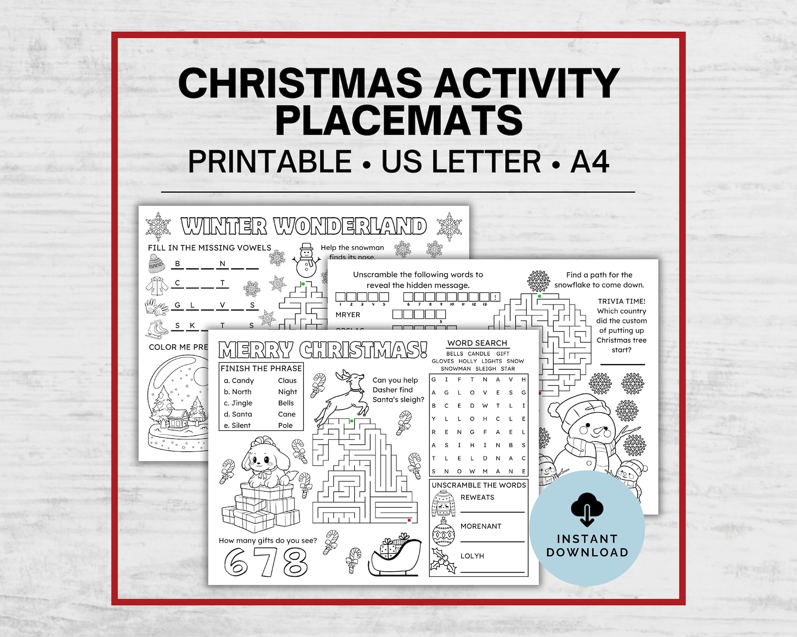 Printable Christmas Placemat for School, Home and Parties, Christmas ...