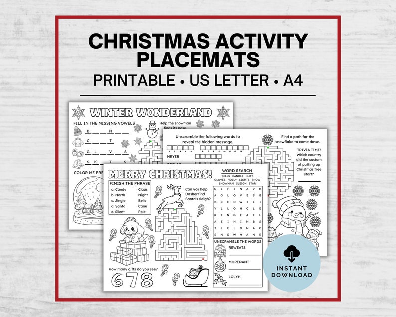 Printable Christmas Placemat for School, Home and Parties, Christmas ...