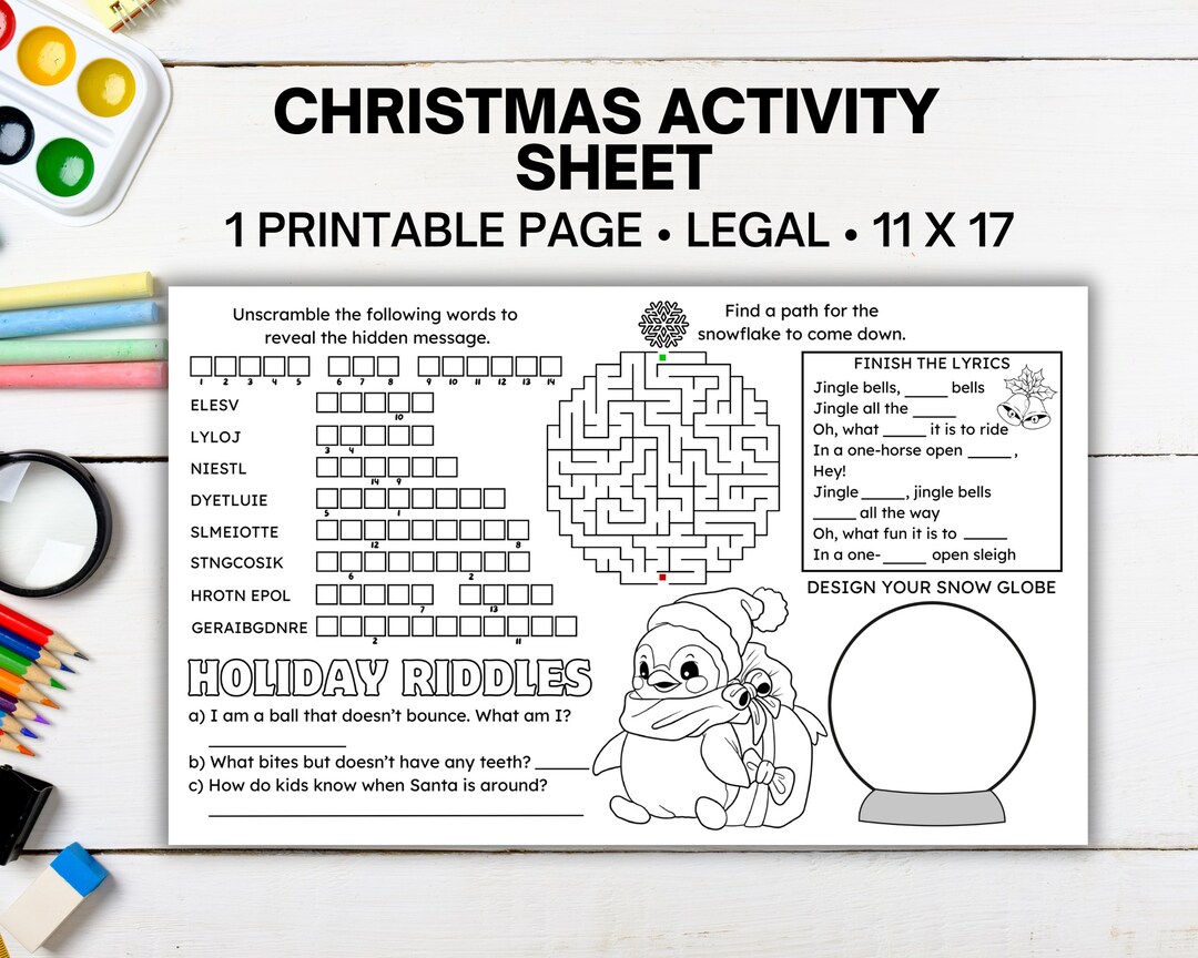 Large Printable Christmas Activity Sheet, Holiday Activity Placemat ...