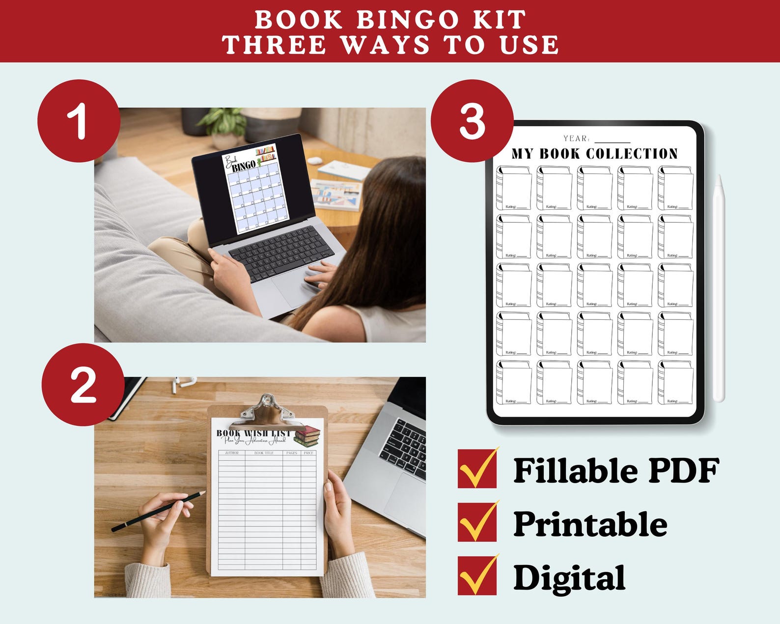 Printable Book Bingo Kit: Reading Challenge, Book Wishlist (digital ...