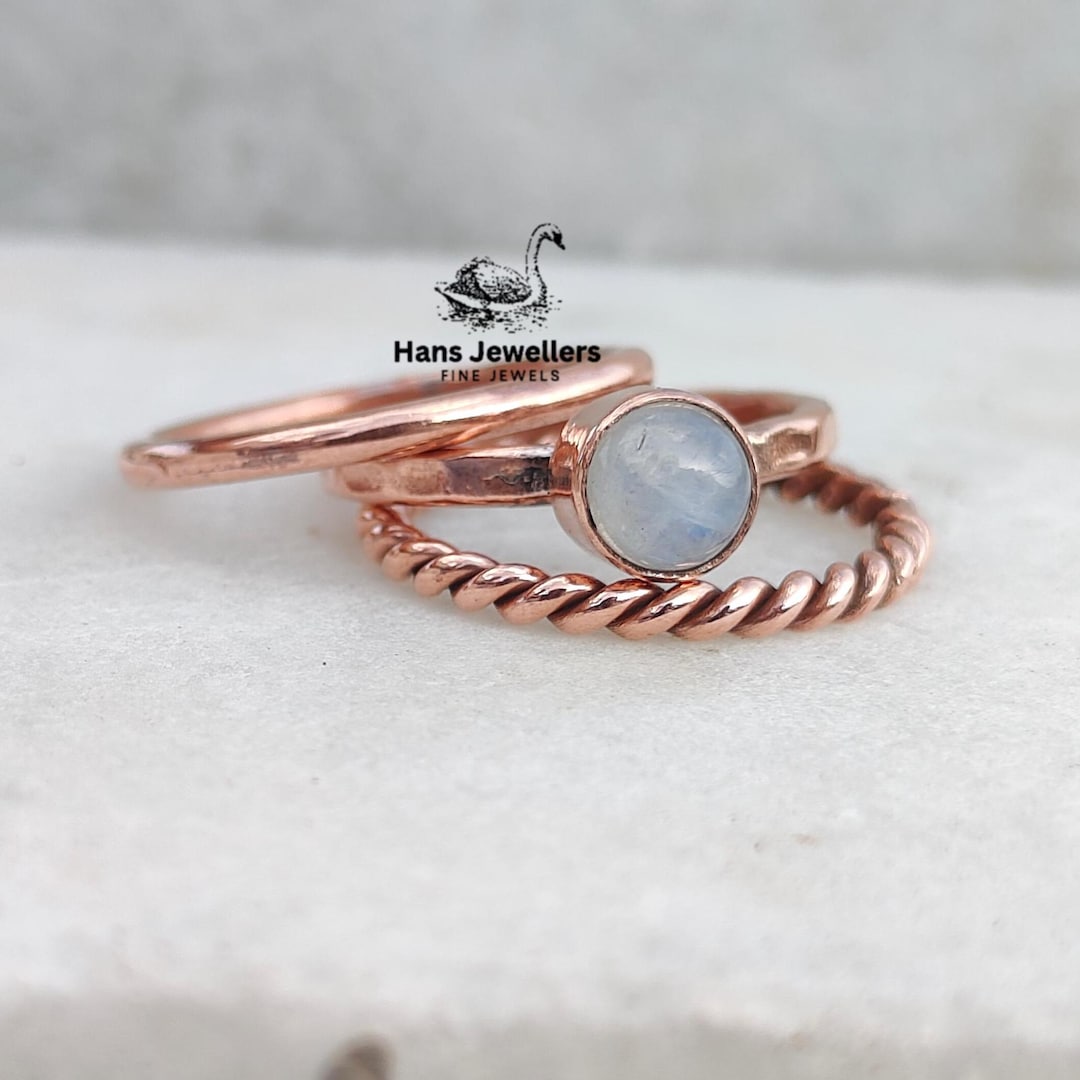 Natural Moonstone Ring, Pure Copper Stacking Ring, Set of 3 Rings, Pure ...