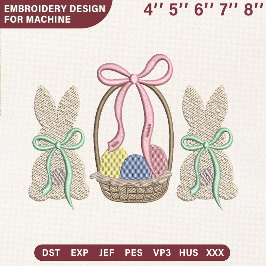 Easter Bunny Basket Embroidery Design | Spring Egg Basket Bow Pattern ...