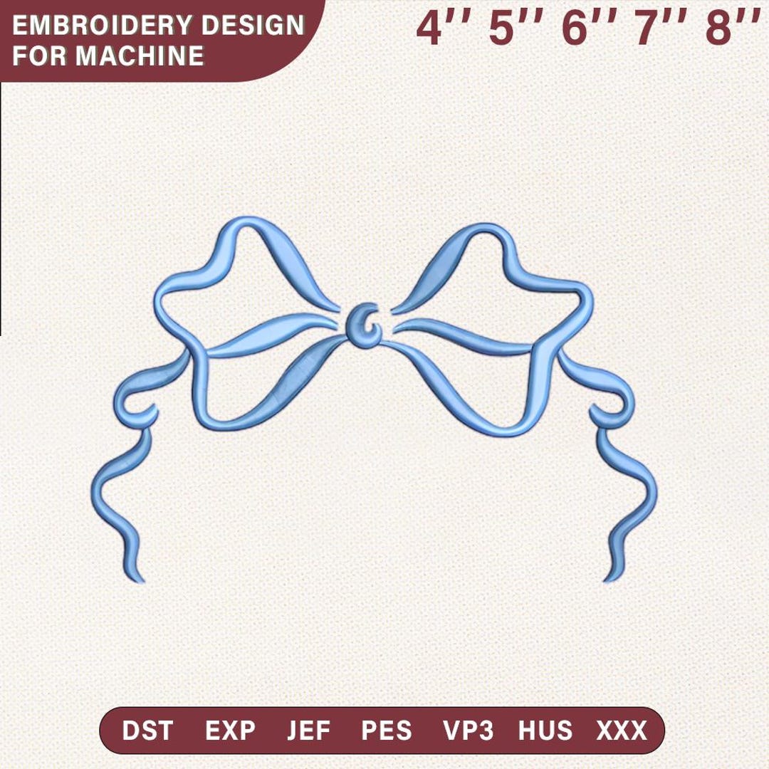 Blue Coquette Bow Embroidery Design, Pastel Blue Ribbon Embroidery File ...