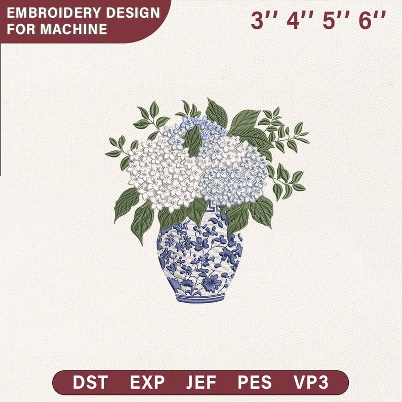 Chinoiserie Hydrangea Embroidery Design | Blue and White Vase Floral ...