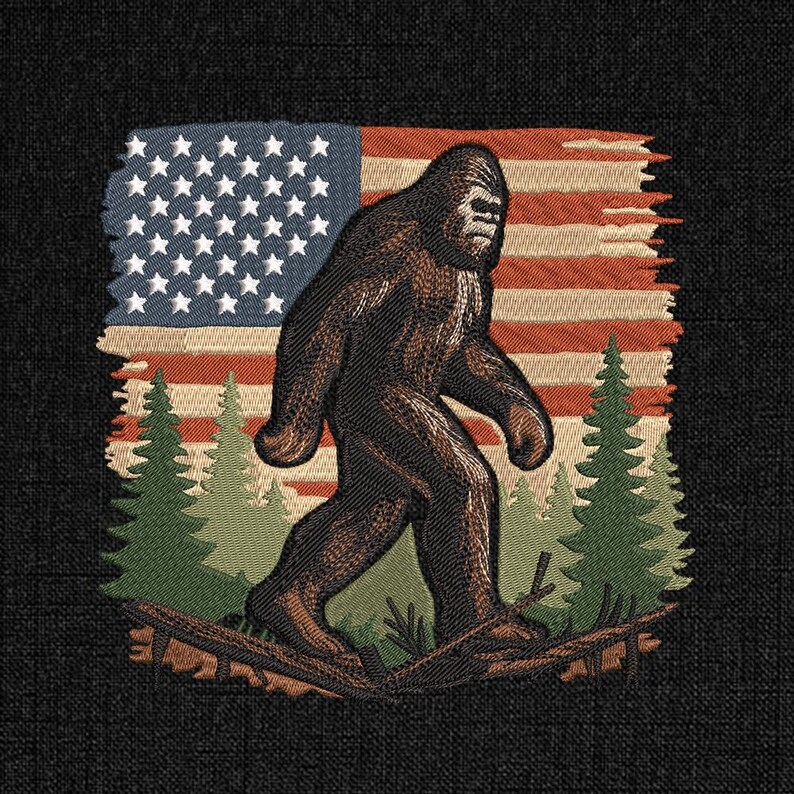 Patriotic Bigfoot Embroidery Design, American Flag Forest Sasquatch ...
