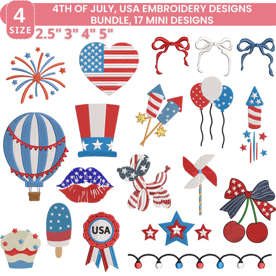 4th of July Mini Embroidery Designs Bundle, 250 Anniversary, Red White ...