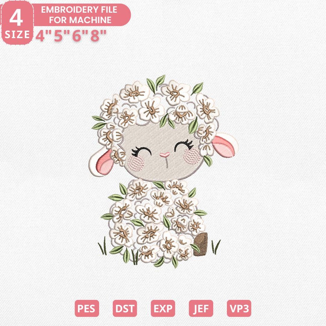 Floral Lamb Embroidery Design, Cute Sheep Machine Embroidery File ...