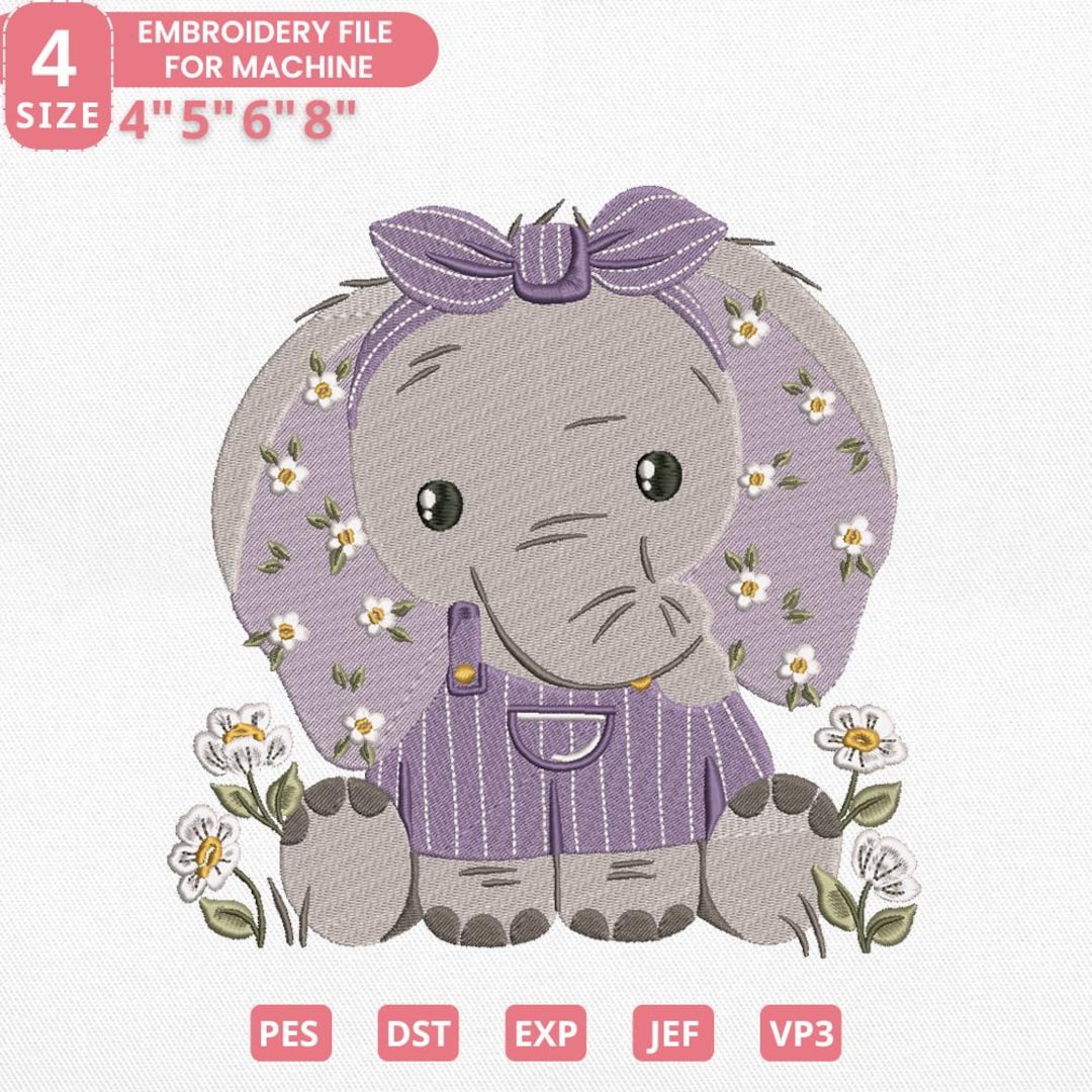 Floral Elephant Embroidery Design, Cute Baby Elephant Embroidery File ...