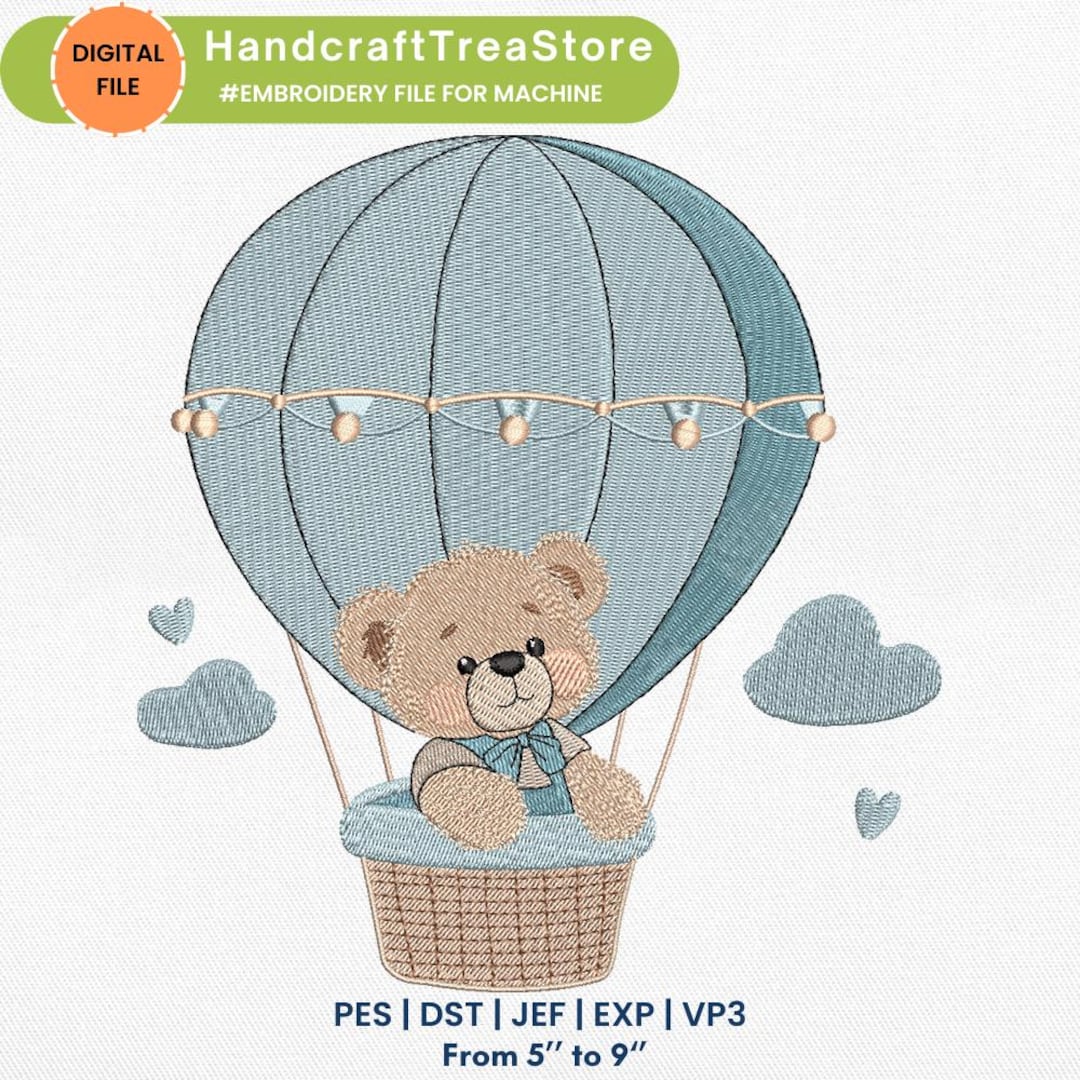 Adorable Teddy Bear in Air Balloon Embroidery File for Baby Nursery ...