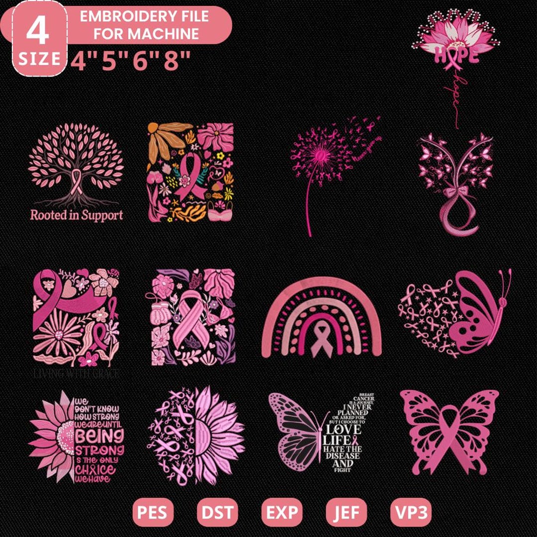 Breast Cancer Embroidery Design Bundle, 13 Pink Ribbon, Hope Quotes ...