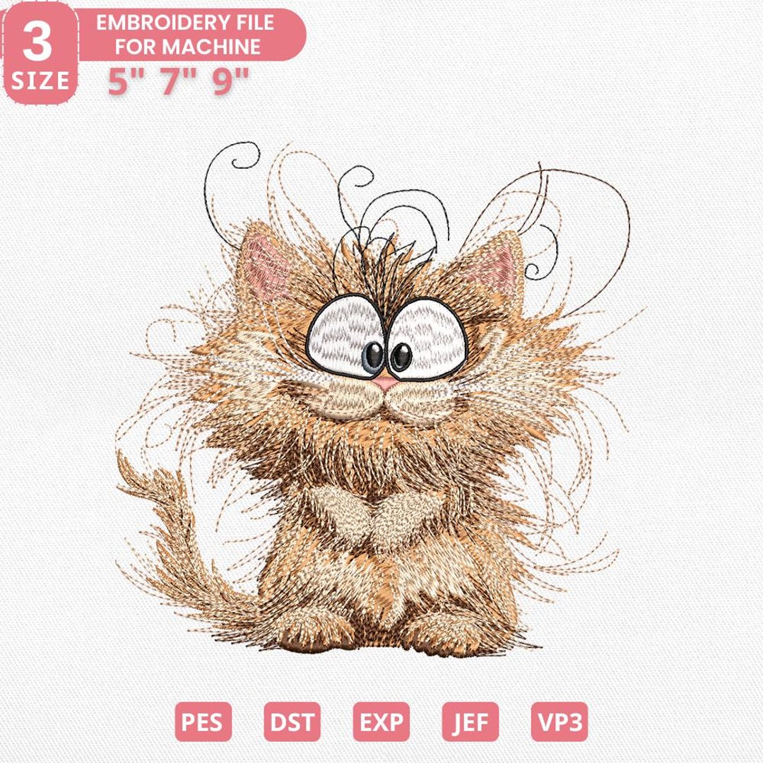 Funny Cat Embroidery Design, Fluffy Kitty Stitch File, Whimsical Furry ...