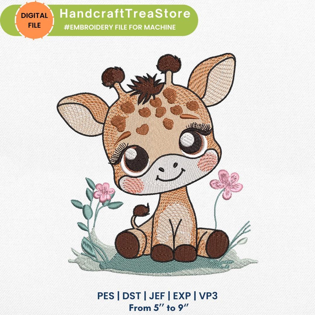 Baby Giraffe With Flowers Machine Embroidery File - Safari Babies ...
