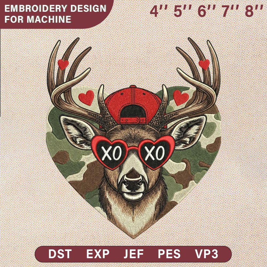 Camo Heart Deer Embroidery Design, Valentine Buck in Heart Frame ...