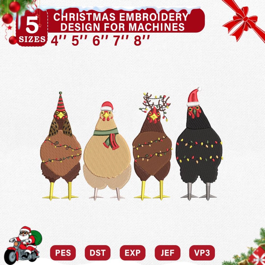 Christmas Chicken Embroidery Design, Noel Chickens With Holiday Lights ...