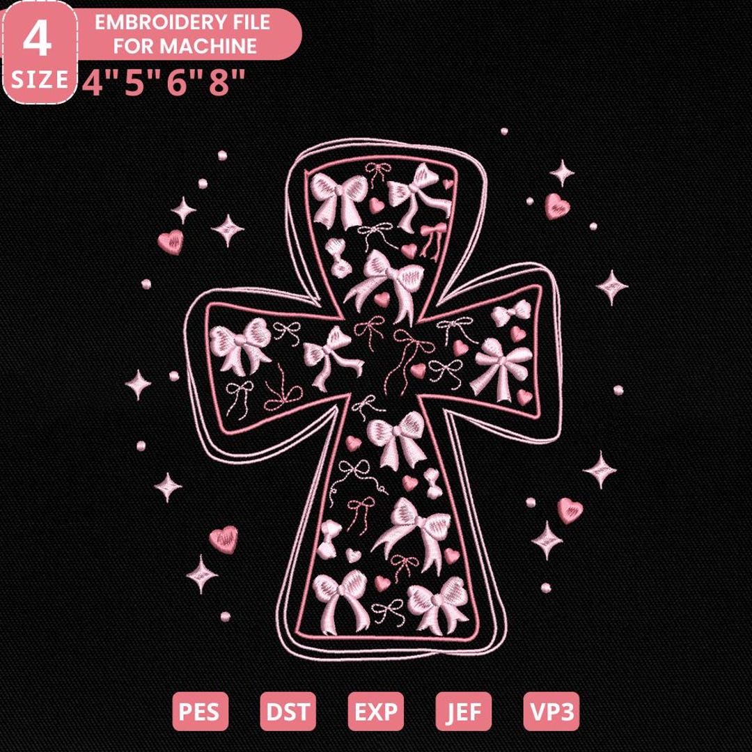 Cross Ribbon Embroidery Design, Cross Filled With Pink Icons Machine ...