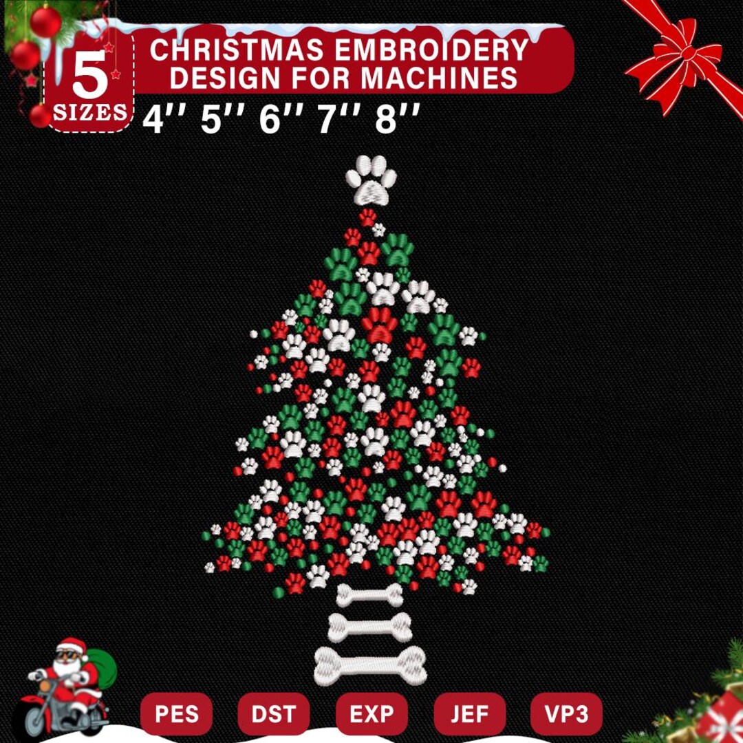 Christmas Paw Print Tree Embroidery Design, Festive Pet Lover Machine ...