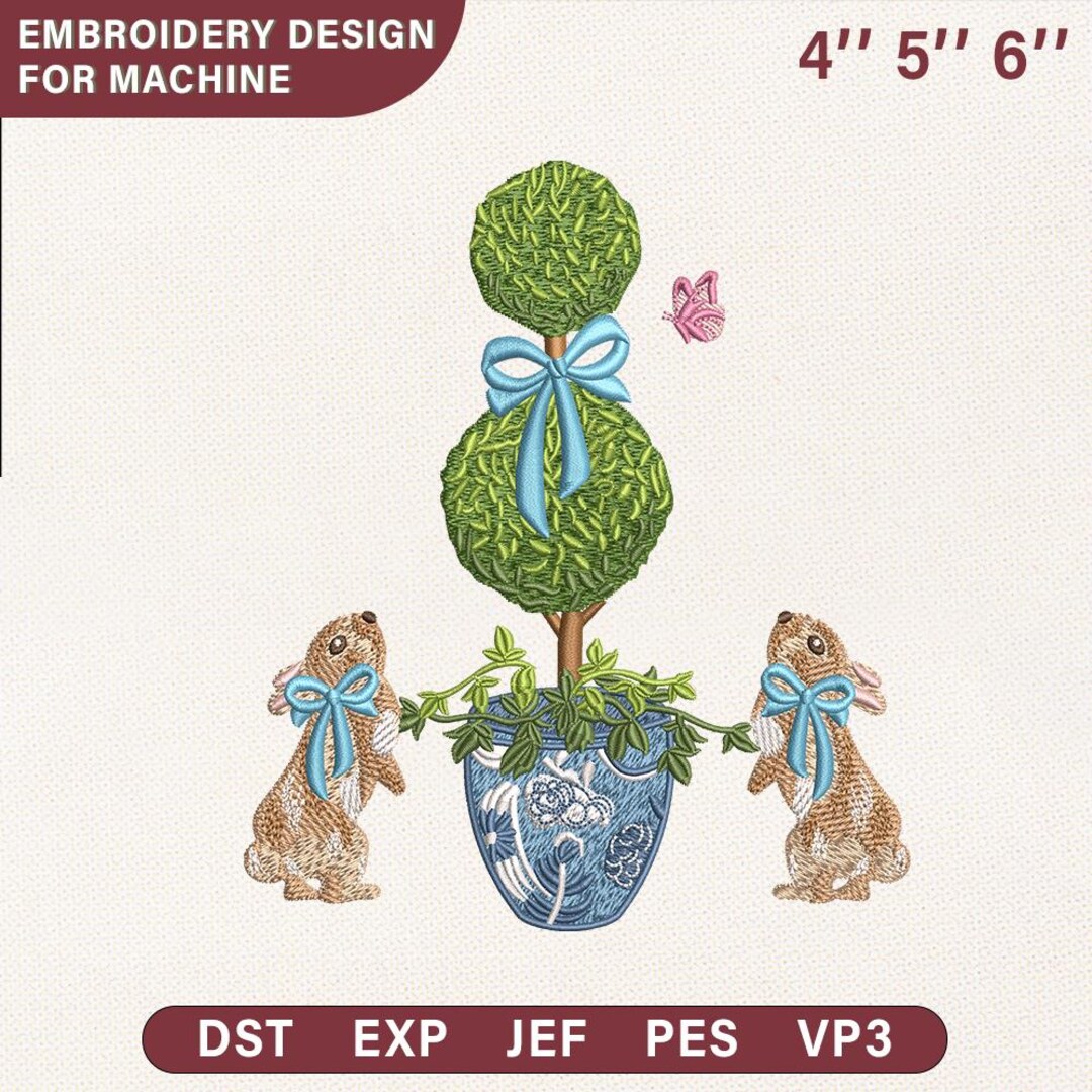 Easter Bunnies Topiary Embroidery Design | Two Rabbits With Chinoiserie ...