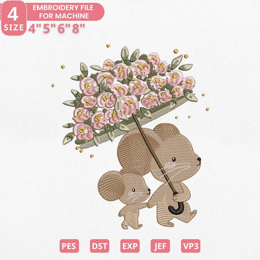 Floral Mouse Embroidery Design, Cute Mouse With Flower Umbrella Machine ...