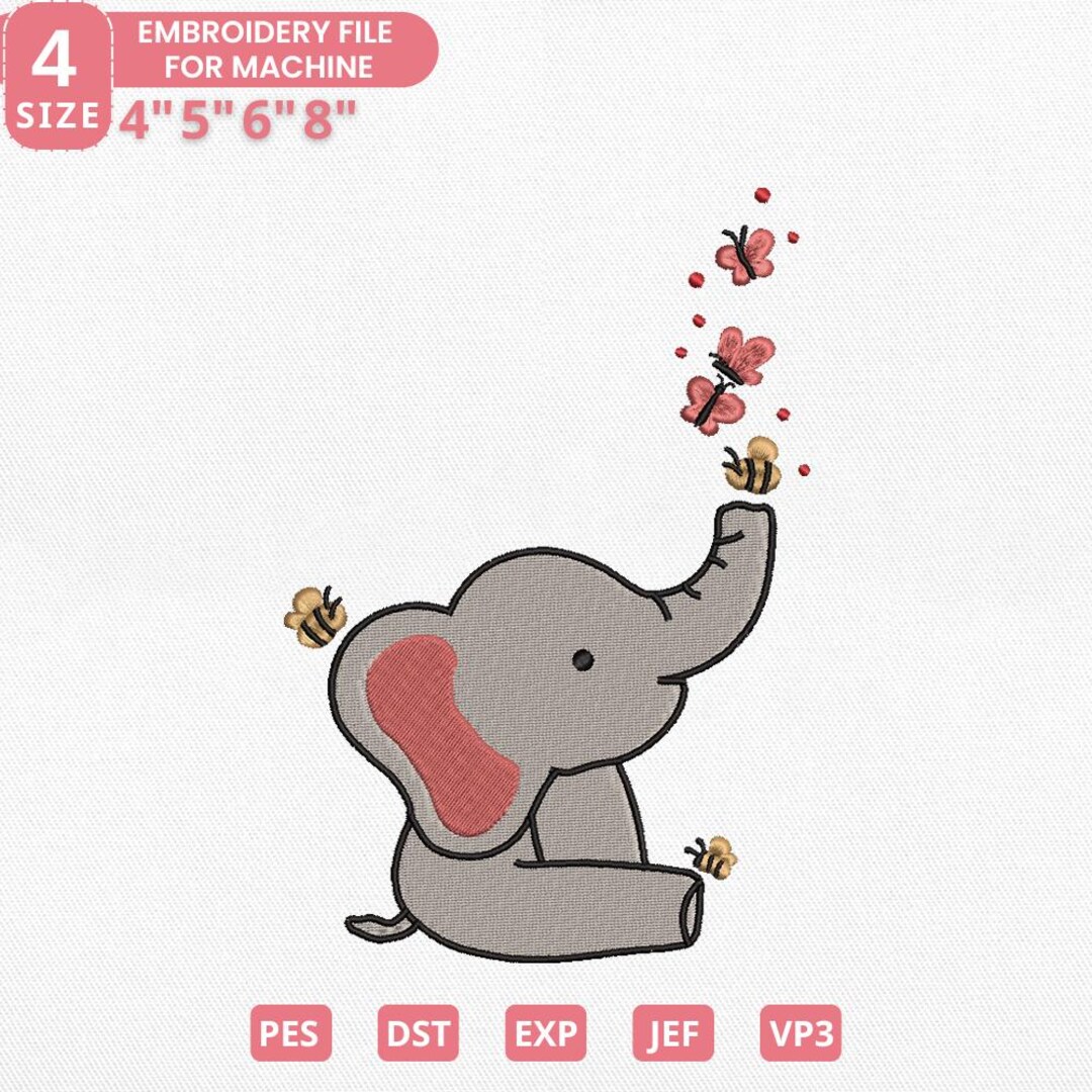 Baby Elephant With Butterfly Embroidery Design, Cute Elephant ...