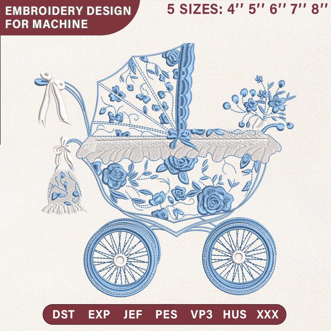 Floral Baby Pram Embroidery Design | Blue Vintage Stroller Pattern ...